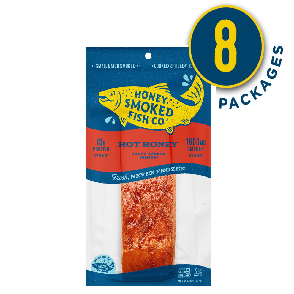 Hot Honey Salmon — Eight Packages of 8oz Fillets – Honey Smoked Fish Co.